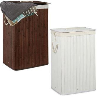 Relaxdays Panier &agrave; linge bambou, lot de 2, corbeille linge pliante, 83L par panier, sac int&eacute;rieur coton, marron et blanc