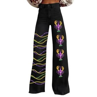 Generic Jean ample taille haute pour femme - Imprim&eacute; carnaval - Color&eacute; - Look denim - Pour femme, b, XXL