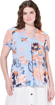 Ulla Popken Damen große Größen Übergrößen Plus Size Tunika, Blüten, Stehkragen, V-Ausschnitt, Halbarm himmelblau 54+ 838413700-54+