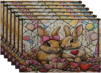 Generic Tischsets mit Hasenmotiv, zum Valentinstag, 30,5 x 45,7 cm, Buntglas, Tierpaar, 6 St&uuml;ck, Tischmatten f&uuml;r Zuhause, Abendessen, Urlaub, Party, K&uuml;che, Dr
