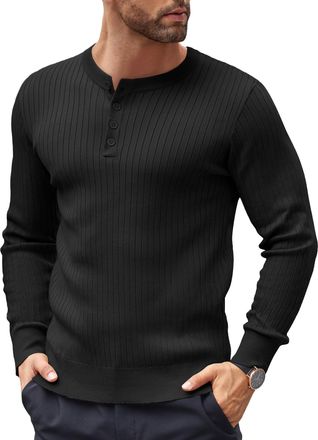 Coofandy Herren Pullover Henley Shirt Strickpullover mit Knopfleiste Männer Langarmshirt Pulli Slim Fit Schwarz XXL