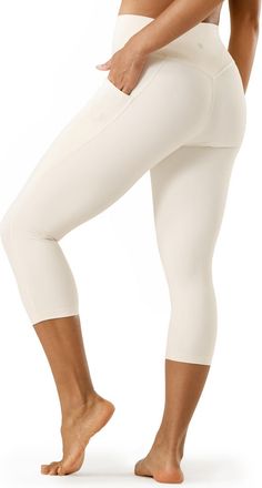 Lapasa Damen Capri 3/4 Sport Leggings hoher Bund Push Up High Waist Taschen L02B1 (Mit Taschen: Cremefarben, L)