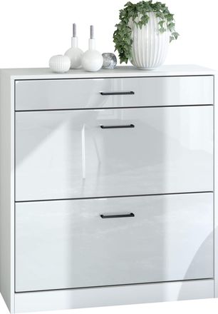 Vladon Schuhschrank Schuhkipper Elvas 89 x 95,5 x 27 cm, Made in Germany, Korpus in Weiß matt, Front in Weiß Hochglanz | Große Farbauswahl