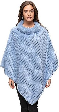 Glamexx24 Gloop Poncho dhiver élégant en fourrure synthétique pour femme - Col rond - Veste épaisse - Chaude en fourrure tricotée, bleu jeans, taille unique