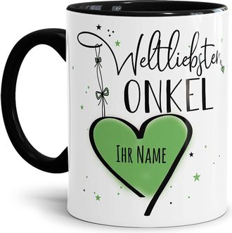 Tassendruck Keramik Tasse - Weltliebster Onkel - zum selbst gestalten mit Name - Geschenk für den besten Onkel - Innen & Henkel Schwarz, 300 ml