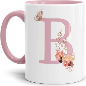 Tassendruck Buchstaben-Tasse mit Blumen - Buchstabe B - Innen & Henkel Rosa - Mug/Cup/Becher/Edel/Geschenk-Idee/Beste Qualität - 25 Jahre Erfahrung