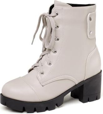 Generic Femmes Fermé Bout Rond Bottes Courtes avec Fermeture Éclair Talon Épais Hauts Bottes De Combat Lacets Cuir PU Bottines,Beige,41.5 EU