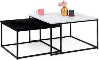 IDMarket Set aus 2 quadratischen ALASKA Couchtischen 60/70 mit Marmor- und Schwarzeffekt und Metallbeinen