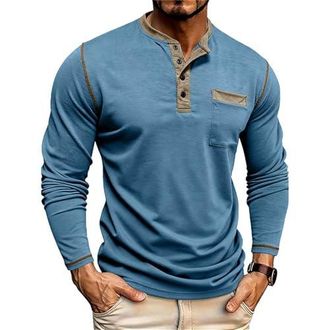 Generic Chemises Henley à manches longues pour hommes, t-shirts basiques décontractés et légers et extensibles, bleu, XXL