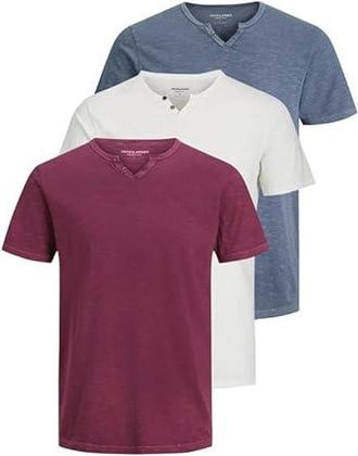 Jack & Jones JJESPLIT T-Shirt Basique pour Homme, col en V, Manches Courtes, en Jersey de Coton, avec Boutons, Lot de 3 (Pack A : Port Royale, Flint Stone, Cloud D