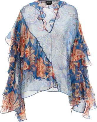 Etro Femme, Blouses et Chemises, Multicolore, Taille: 44 FR Blouse en soie &agrave; manches longues avec volants et motif floral