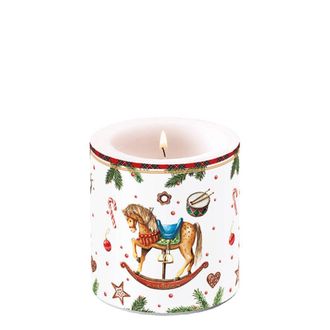 Ambiente Kerze Stumpenkerze Wachswindlicht 9 cm hoch Brenndauer ca 35h Schaukelpferd in Weihnachtsdekoration Tisch Deko