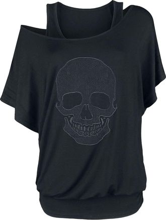 Rock Rebel by EMP Damen schwarzes T-Shirt im Double-Layer-Look mit Totenkopf 3XL