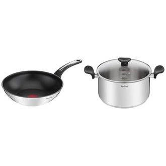 T-fal Emotion Poêle wok 28 cm, Revêtement antiadhésif, Garantie 10 ans, Base épaisse & Faitout 24 cm (5 L) + couvercle verre, Induction, Acier inoxydable ha