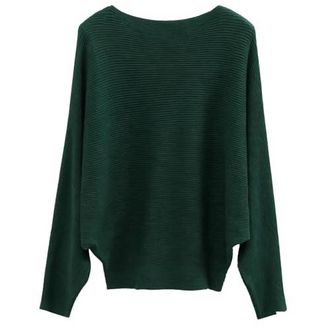 Generic Pull tricot&eacute; &agrave; manches chauve-souris pour femme - Col bateau - Manches chauve-souris - Pull dhiver &agrave; col bateau, vert fonc&eacute;, Taille unique