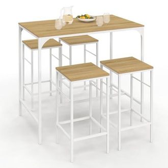 IDMarket Ensemble Table Haute de Bar Detroit 100 cm et 4 tabourets de Bar Bois et m&eacute;tal Blanc Design Industriel