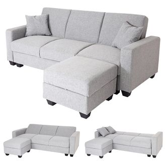 Mendler Sofa HWC-H47 mit Ottomane, Couch Sofa G&auml;stebett, Schlaffunktion Stauraum 217x145cm - Stoff/Textil hellgrau