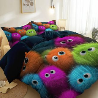 Generic Bettw&auml;sche-Sets Niedlich Cartoon Monster Mit Gro&szlig;en Augen Drucken, Weich Atmungsaktiv Reversibel Bettbez&uuml;ge f&uuml;r Teenager Erwachsene 135 x 200 cm, Grau