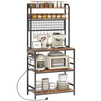 HOMCOM K&uuml;chenregal mit Mehrfachsteckdose und verstellbaren Einlegeb&ouml;den, 5-stufiges Mikrowellenregal mit Gitterrost und 10 Haken, Vintage-K&uuml;chenm&ouml;bel mit Sta