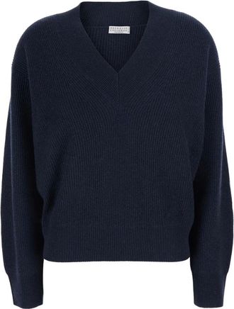 Brunello Cucinelli Femme, Pulls, Bleu, Taille: 40 FR Pull c&ocirc;tel&eacute; en cachemire scintillant