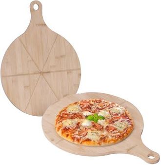 Relaxdays Pizzateller, 2er Set, Bambus, &Oslash; 33 cm, Servierbrett f&uuml;r Pizza, Flammkuchen, K&auml;se, rundes Pizzabrett, natur