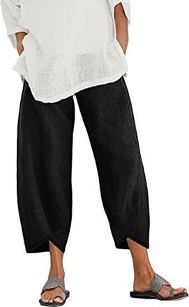 Onsoyours Pantalon Femmes Large Jambe Lin Coton Bohème Sarouel Taille Élastique Solide Couleur Pants de Plage Eté Loose avec Poche A Noir L