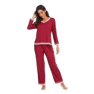 Generic Pyjama Femme Long Col V Ensemble Pyjama Ensemble 2 Pi&egrave;ces Haut &agrave; Manches Longues et Pantalon de Pyjama Jambe Large Confortable D&eacute;tente S-XXL(Burgundy,