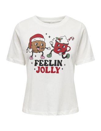 Only Damen ONLROSIE S/S TOP Box Xmas JRS T-Shirt, Cloud Dancer/Print:Xmas Jolly, Small