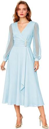 Generic Robe de mère de la mariée à manches longues en mousseline de soie plissée avec col en V pour invitée de mariage, bleu clair, 50 Grande taille