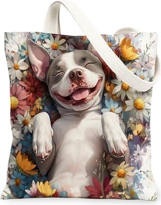 Generic Sac fourre-tout en toile motif chien Pitbull printanier, 33 x 38,1 cm, sac &agrave; bandouli&egrave;re r&eacute;utilisable pour femme, peinture danimaux domestiques, d&eacute;cor