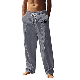 Generic Pantalon en coton et lin pour homme, d&eacute;contract&eacute;, tendance, ample, imprim&eacute; noix de coco 3D, pantalon l&eacute;ger, gris, XXL