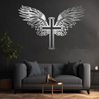Generic Schwarzes Metallkreuz mit Engelsfl&uuml;geln als Wanddekoration, christliche religi&ouml;se Wanddekoration aus Metall, Moderne Skulptur mit Kreuzfl&uuml;geln f&uuml;r Woh