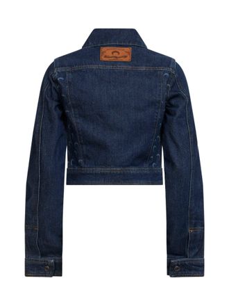 Marine Serre Womens Denim Trucker Jacket, Cropped Organic Midnight Blue Cotton Bomber Jackets