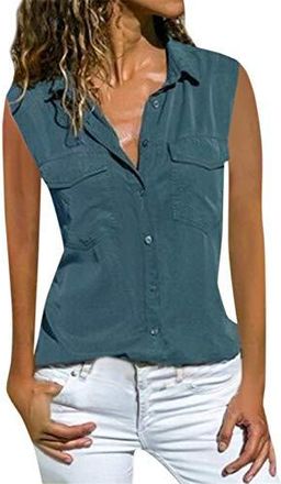 Generic Chemise sans manches pour femme - Chemise boutonn&eacute;e de couleur unie - D&eacute;bardeur confortable - D&eacute;bardeurs d&eacute;contract&eacute;s &agrave; col &agrave; revers avec poches - Che