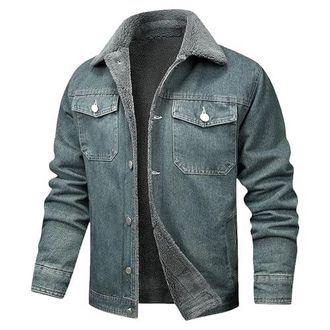 Generic Veste de camionneur pour homme, coupe ajust&eacute;e, doublure en polaire, manteau dhiver en denim, d&eacute;contract&eacute;, chaud, v&ecirc;tements dext&eacute;rieur &eacute;l&eacute;gants, bleu, 