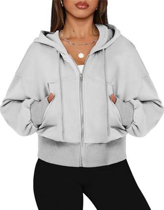 OLIPHEE Sweats à Capuche Femme Veste Courte avec Fermeture Éclair Grandes Poches Veste à Capuche Femme Couleur Unie Manteau Zippé Casual Y2k Automne Hiver Gri