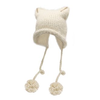 ZLYC Damen Katzenohr Slouchy Strickmütze Grunge Niedlich Wintermütze(Pom Pom Beige),Einheitsgröße