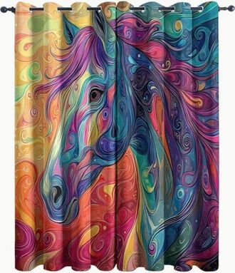 Generic Rideau Occultant L 70 x H 160 cm (2 Panneaux),100% en Polyester Doux Oeillets Lumiere Anti UV Portrait Cheval anim&eacute; la Confidentialit&eacute; Couleur Chambre