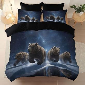 Generic Housse de Couette en Microfibre Imprim&eacute;e R&eacute;versible 220 x 240 cm- Parure de Lit avec Fermeture &Eacute;clair, Minimaliste Animaux Ours Ciel Nocturne Mod&egrave;le p