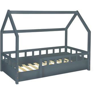IDMarket Kinderbett Baumhaus 80 x 160 cm neree grau mit Lattenrost und Gitter