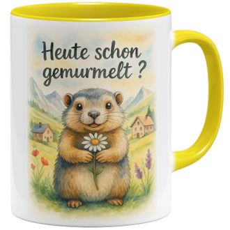 OM3 Lustige Murmeltier Kaffee-Tasse mit Spruch - Heute schon gemurmelt? - Keramik Becher - 325ml - Beidseitig Bedruckt - Gelb