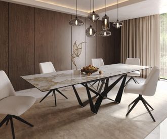 DELIFE Esstisch Edge 200-300x100 Keramik Minas Melange Weiß-Beige Spider Flachstahl Schwarz ausziehbar, Esstische