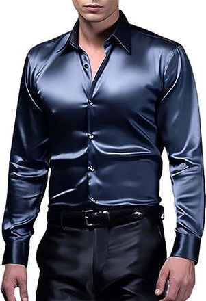 Generic Chemises brillantes pour hommes - Chemise en satin brillant &agrave; manches longues infroissable boutonn&eacute;e brillante avec col &agrave; revers coupe slim chemise ha