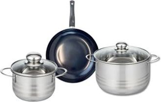 Fackelmann ELO 9710550 Batterie de cuisine 3 pièces, Ensemble de 1 Poêle de cuisson 20 cm et 2 faitouts 16 et 20 cm Elo Prima Brillant, inox, induction, Noir