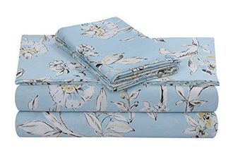 Tribeca Living Bettwäsche-Set, Doppelbett-Größe (Queen Size), Fadenzahl 300, weicher Baumwollsatin, Blumendruck, extra Tiefe Taschen, 4-teiliges Bettwäsche-Set, Blau