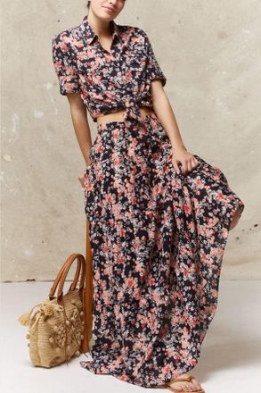 Gerard Darel Jupe longue en coton &agrave; &eacute;tages - BEATRICE - Noir