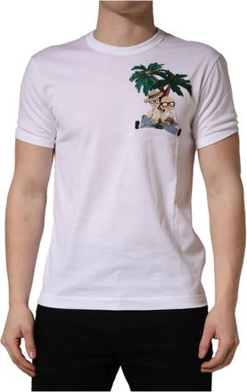 Dolce & Gabbana Homme, Tops, Blanc, Taille: M Palm Embroidered Crew Neck T-shirt