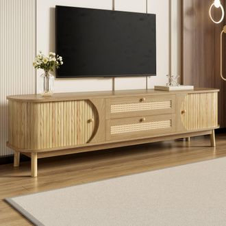 Generic TV-Lowboard 160 cm Holzfarbe und hellgelb Rattan mit 2 T&uuml;ren, 2 Rattanschubladen, Massivholzf&uuml;&szlig;en, TV-Schrank bis 70 Zoll, Fernsehschrank TV-Board Med
