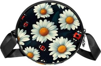 Generic Petit sac &agrave; bandouli&egrave;re rond pour femme, motif marguerite, avec fermeture &eacute;clair, bretelles r&eacute;glables, style d&eacute;contract&eacute;, pour femmes et filles