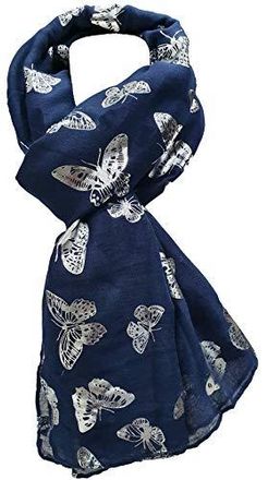 World of Shawls Grande &eacute;charpe/sarong/ch&acirc;le pour femme avec imprim&eacute; papillon, Bleu marine avec papillons argent&eacute;s